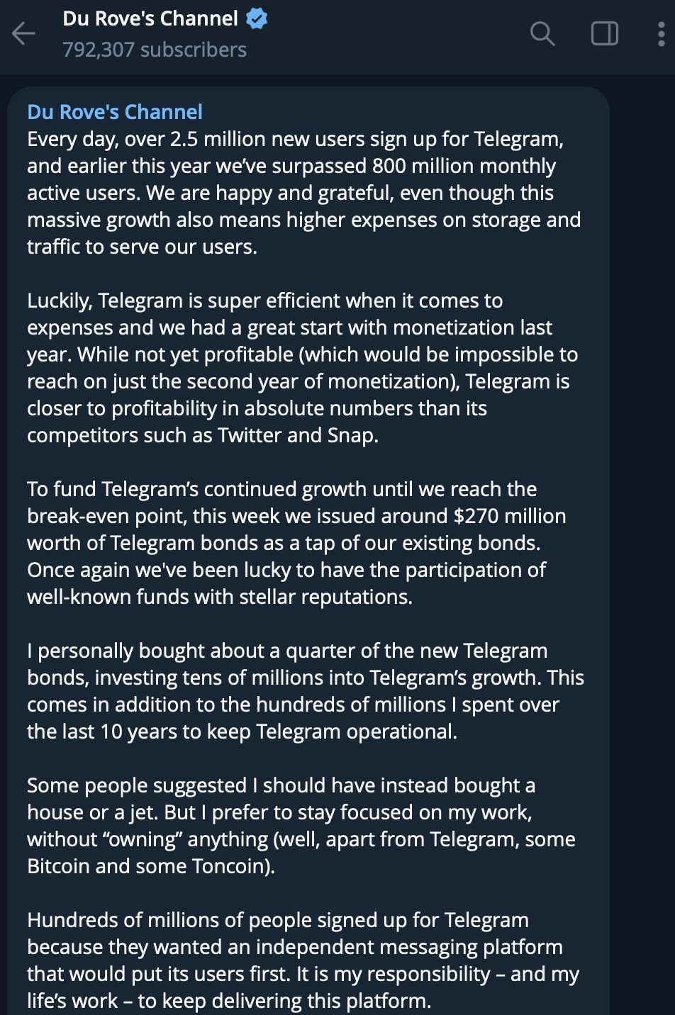 Telegram 發行 2.7 億美元債券資助平台發展，執行長透露個人持有 BTC 與 Toncoin。 – 桑幣區識 Zombit